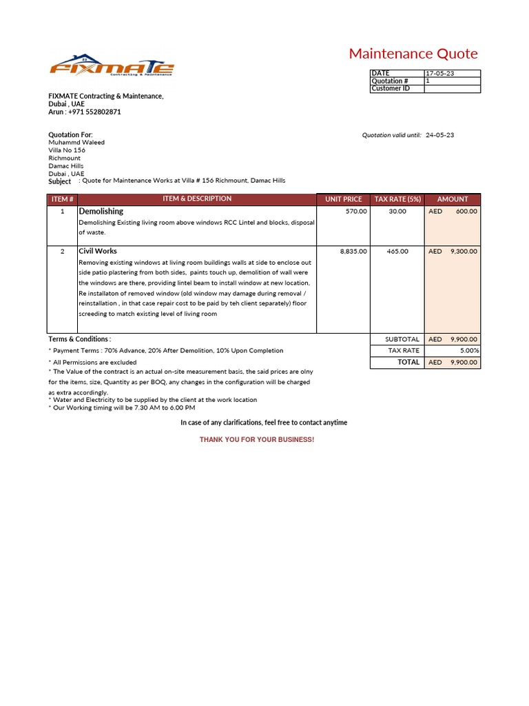 Maintenance Quotation Template 156 | PDF | Payments | Government Finances