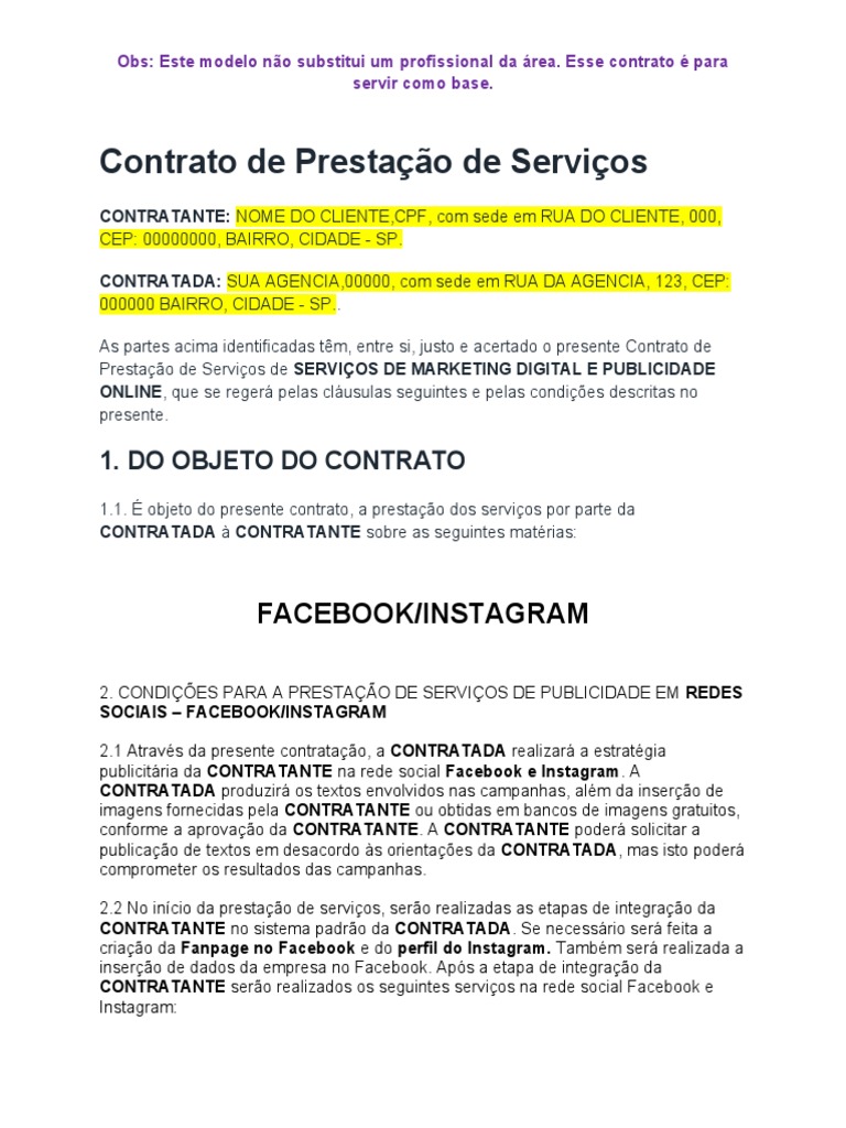 MODELO-DE-CONTRATO - Social Media | PDF | Facebook | Publicidade