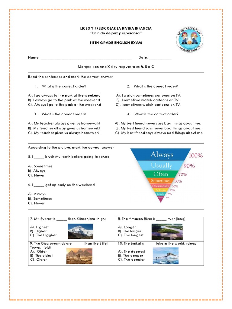 Fifth Grade English Exam Template | PDF | Language Arts & Discipline
