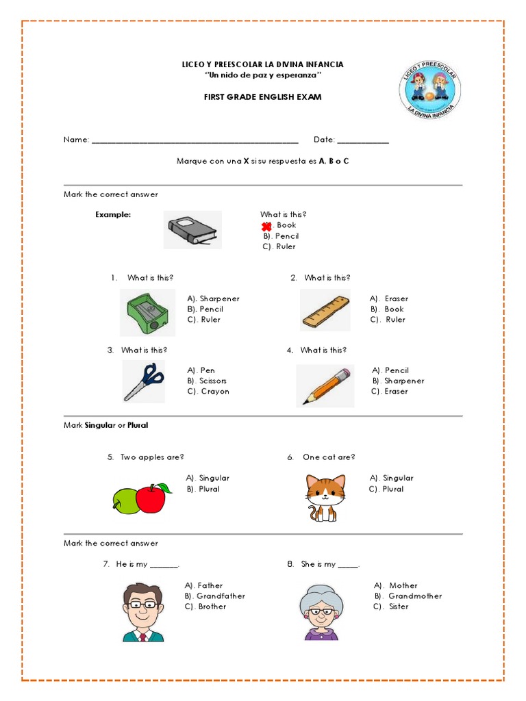 First Grade English Exam | PDF
