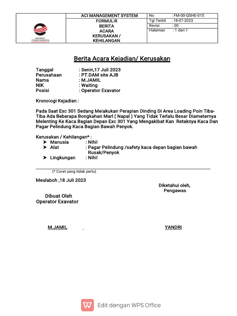 FM-00-QSHE-015 - Form - Berita - Acara - Kerusakan - Kehilangan (1) Word | PDF