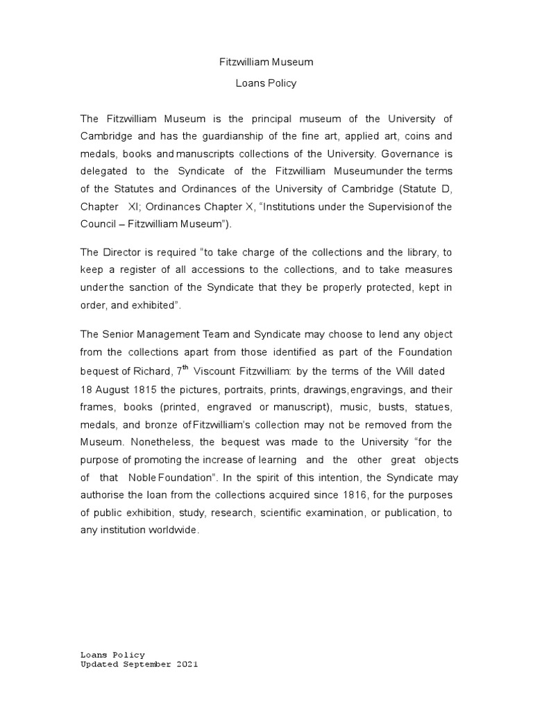 Fitzwilliam Museum Loan Policy | PDF | Museum | Loans