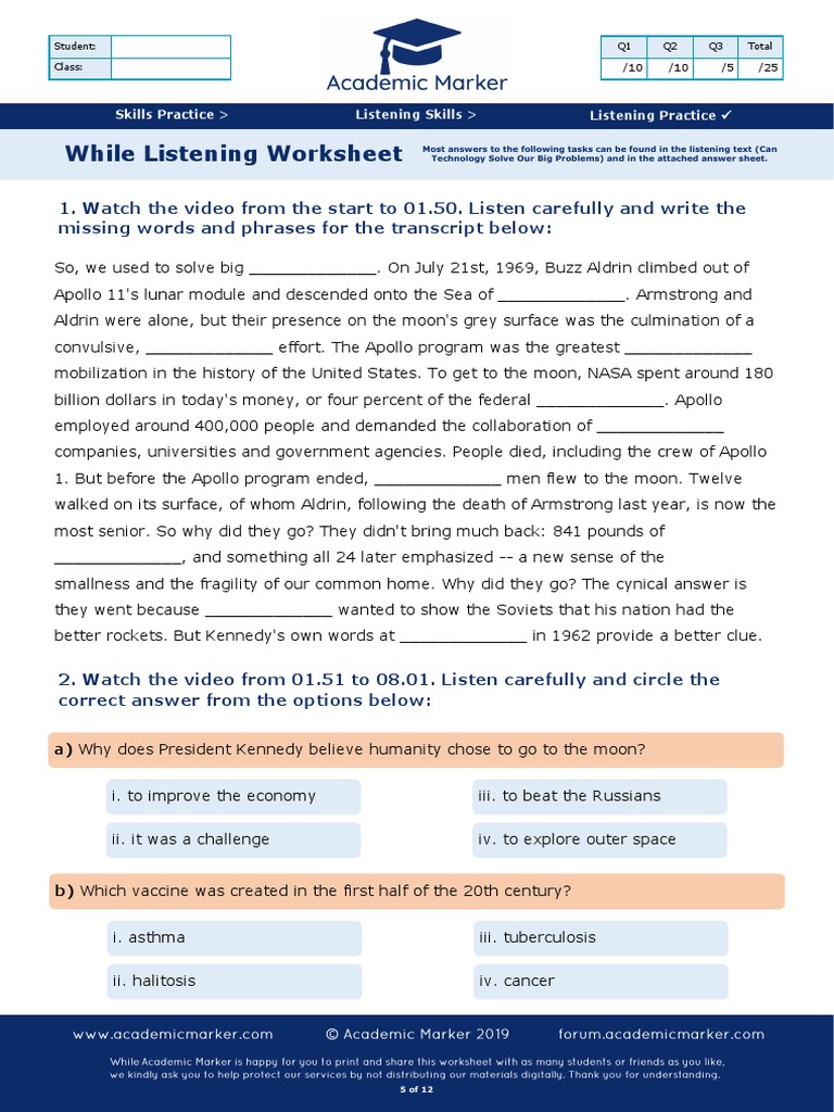 Listening Worksheet: Apollo 11 Insights | PDF | Apollo Program | Neil ...