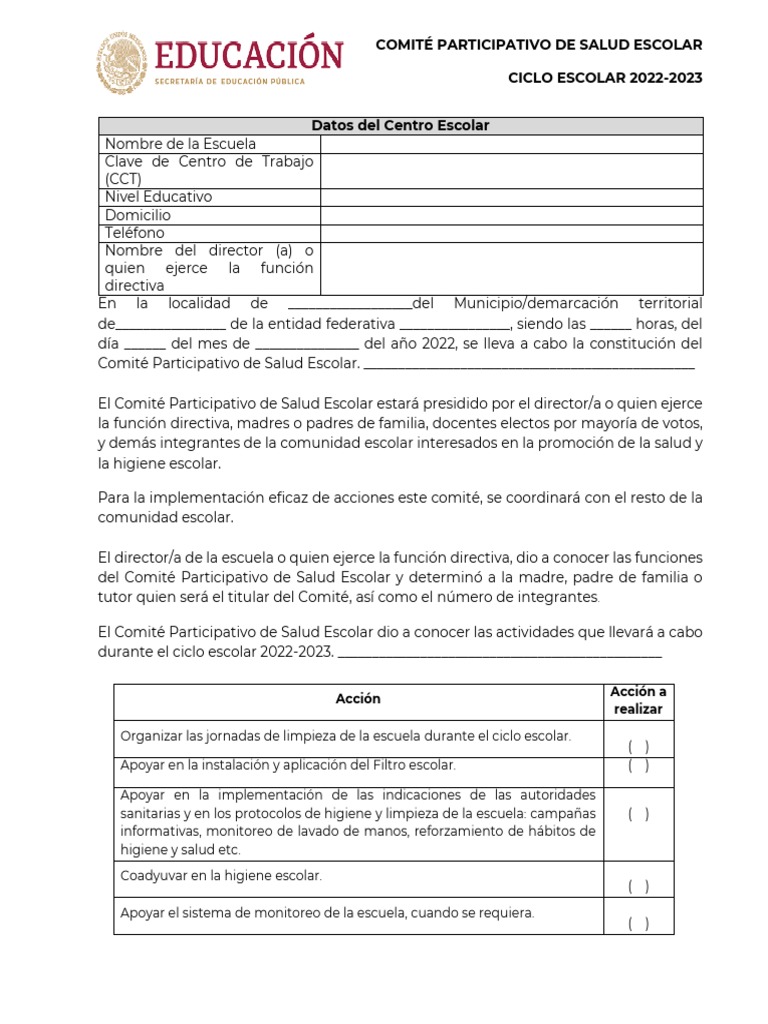 Acta Del Comite Participativo de Salud Escolar 2022 2023 | PDF | Higiene