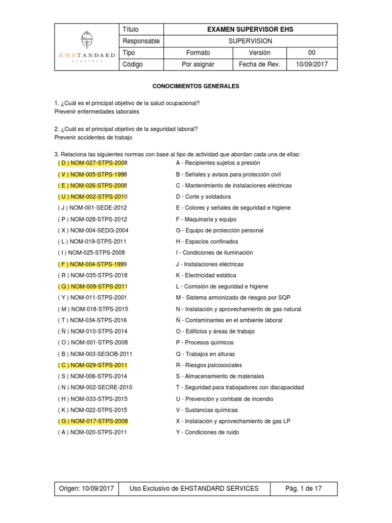 Examen Supervisor Ehs - Respuestas | PDF | Residuos | Seguridad y salud ...