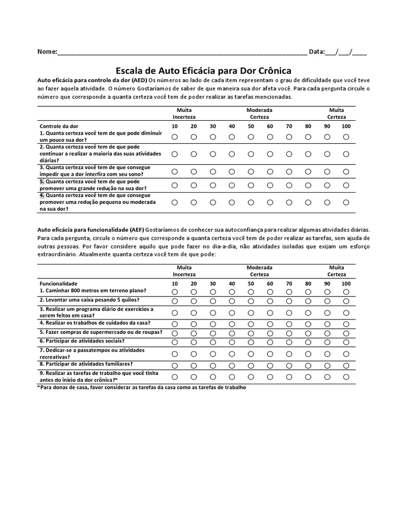 Escala de Autoeficácia para Dor Crônica | PDF | Dor | Medicina Clínica