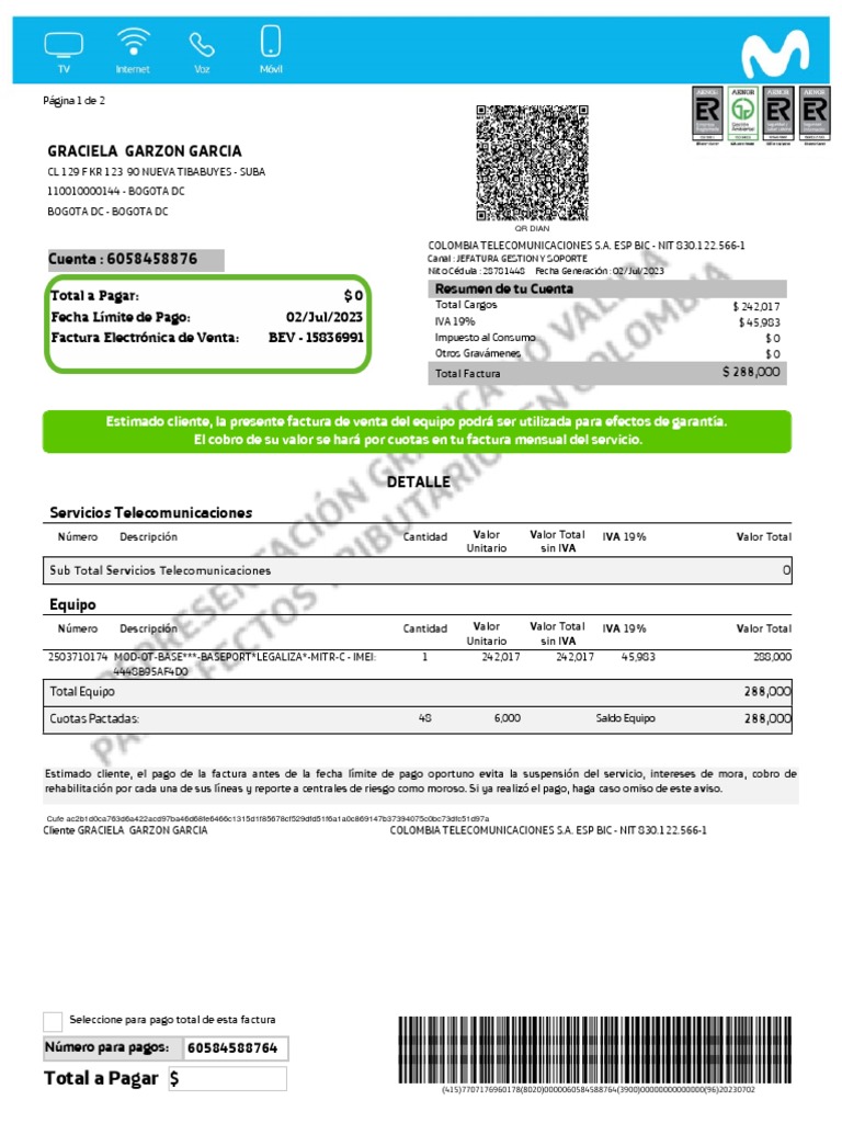 Factura Movistar | Descargar gratis PDF | Factura | Colombia