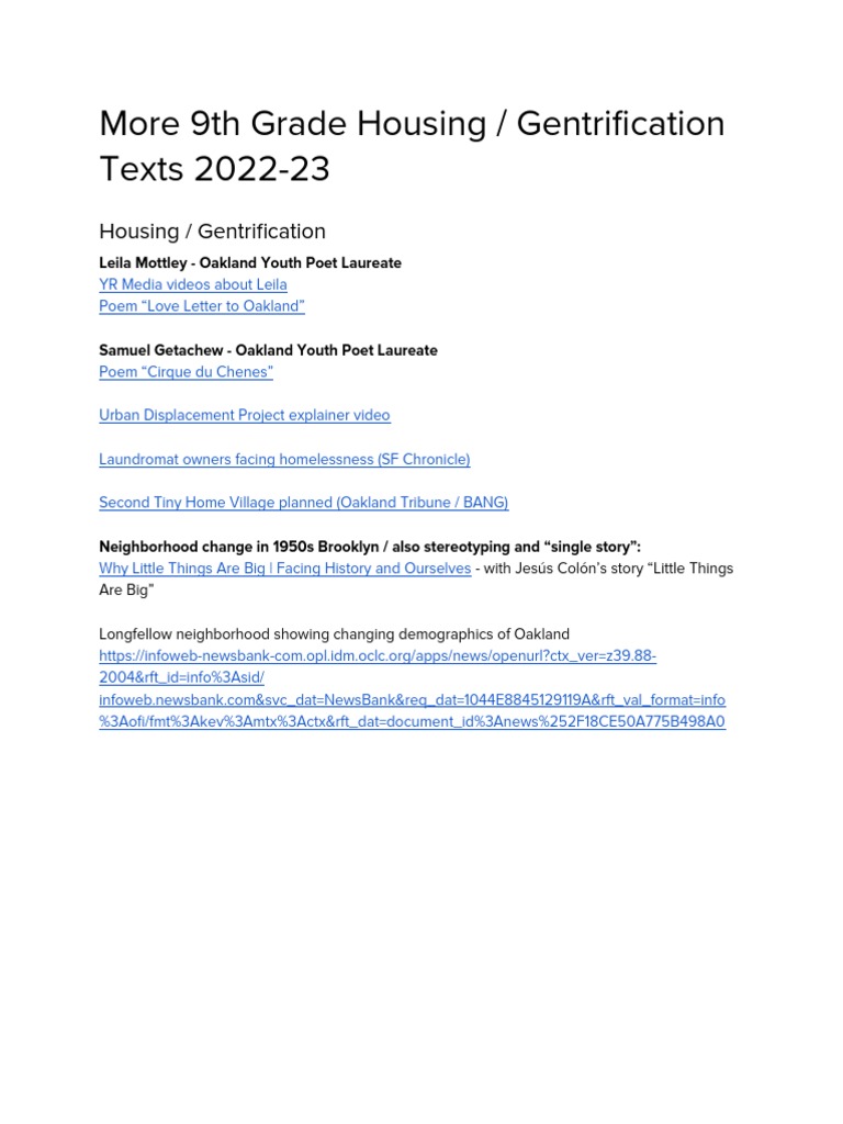More 9th Grade Housing Gentrification Texts 2022-23 1 | PDF