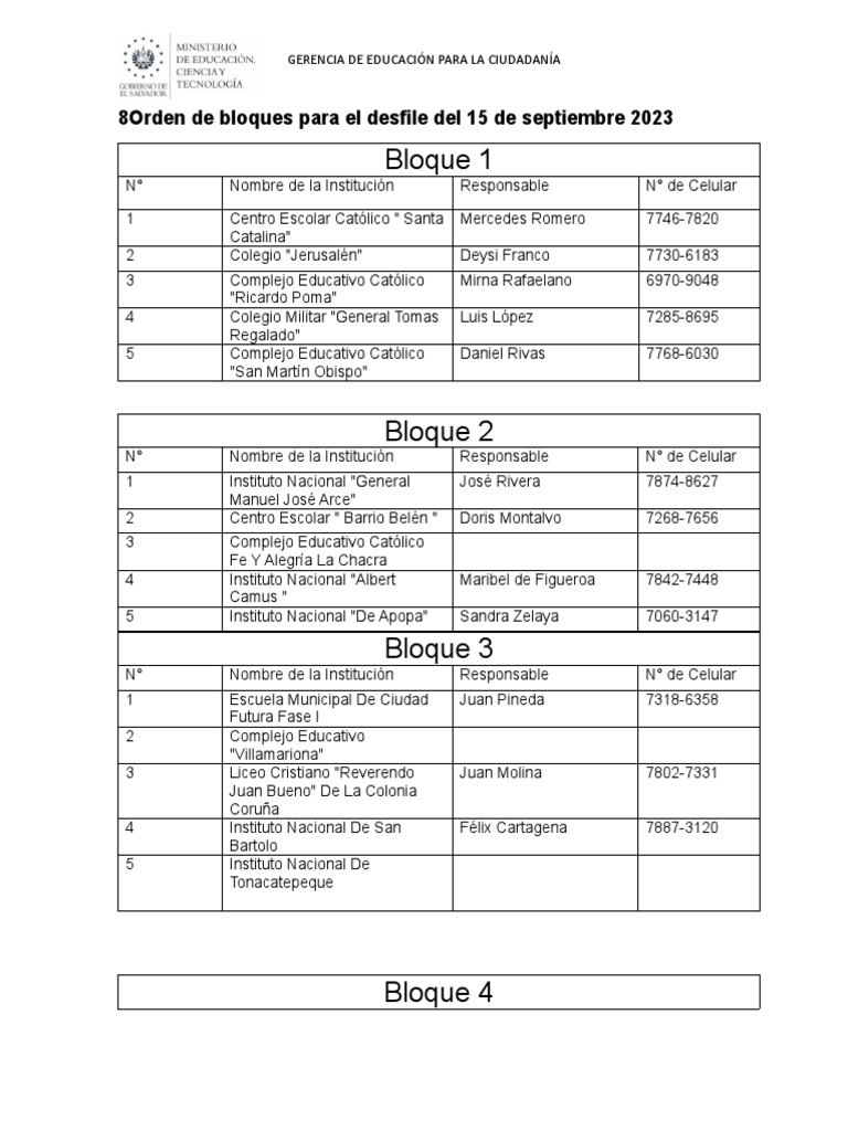 Orden de Bloques para El Desfile Del 15 de Septiembre 2023 | PDF
