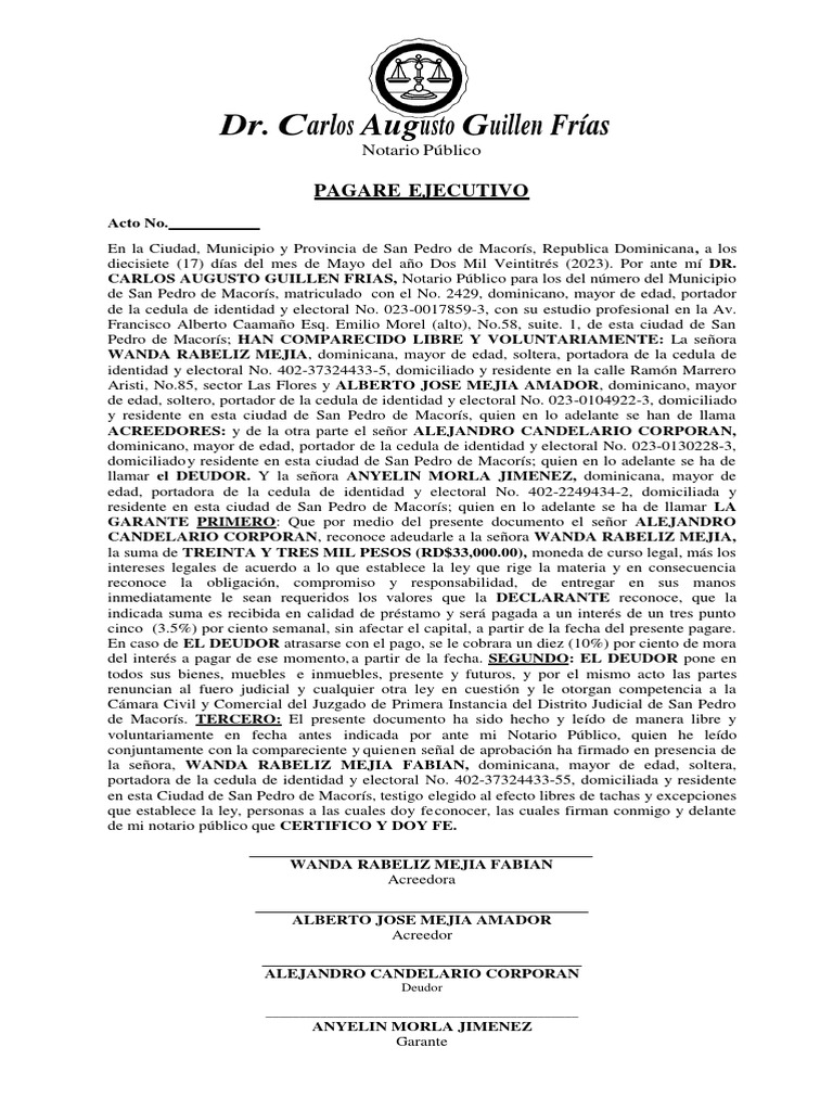 2-Pagare Ejecutivo - Alejandro Candelario Corporan | PDF | Pagos 2-Pagare Ejecutivo - Alejandro Candelario Corporan | PDF | Pagos