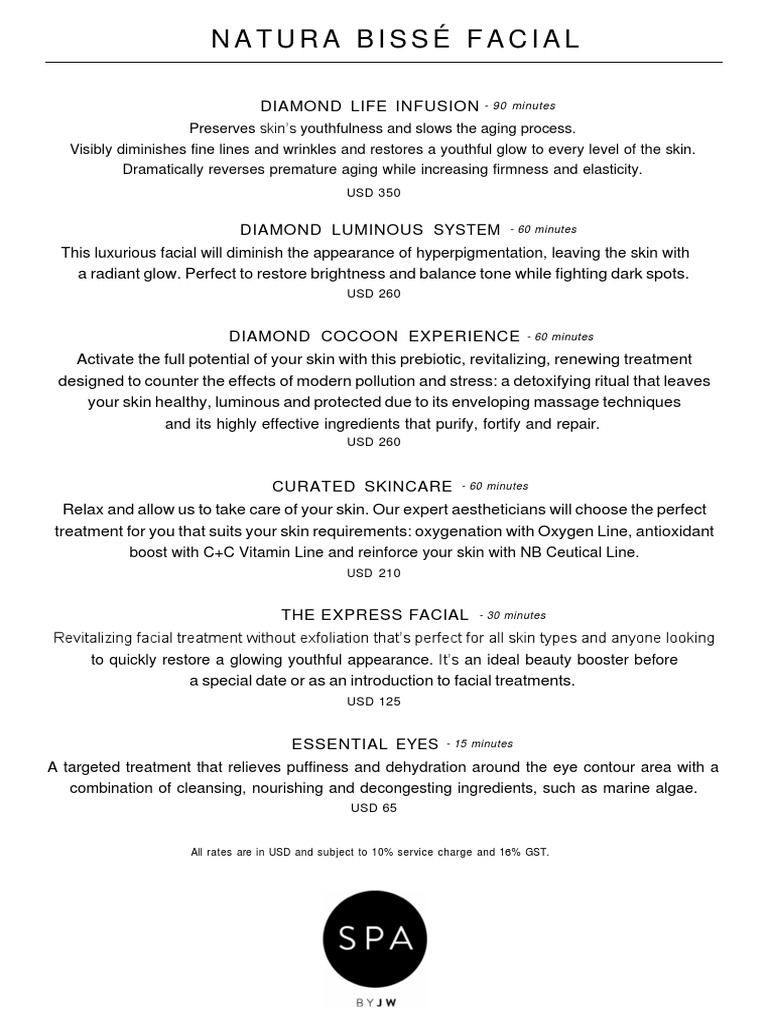 Natura Bisse Facial Menu | Download Free PDF | Integumentary System | Skin