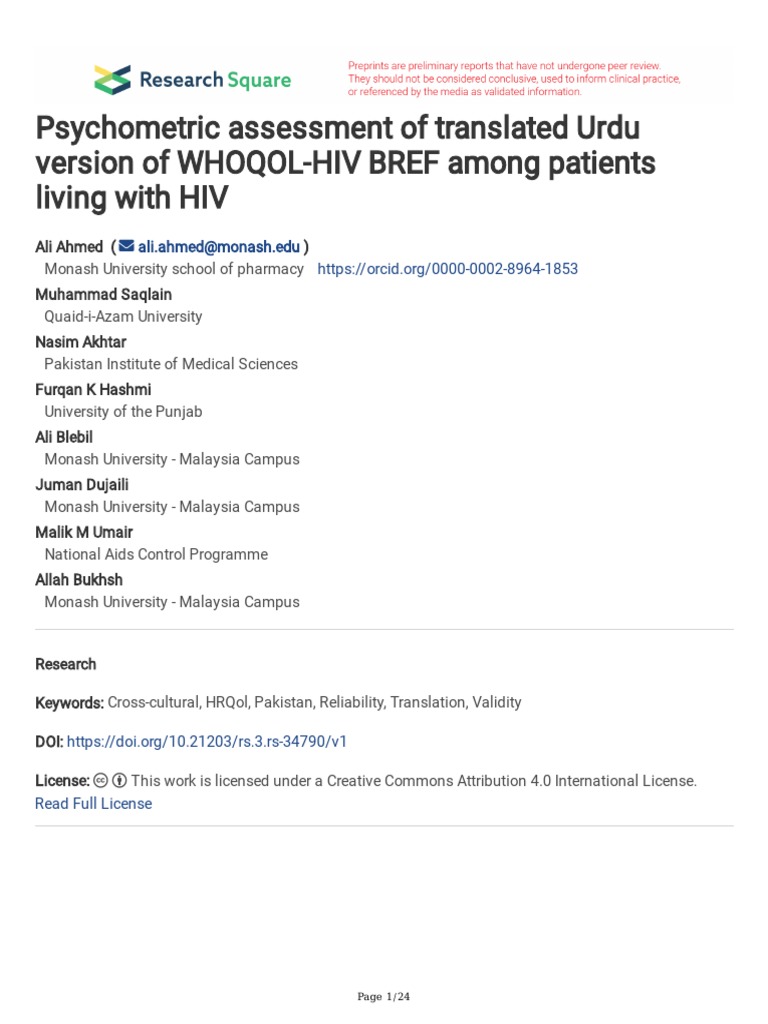 Psychometric Assessment Of Translated Urdu Version Pdf Management Of Hiv Aids Cd4