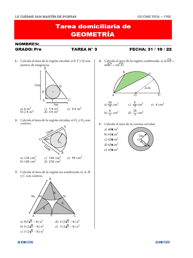 Tarea #3 - Área de Regiones Circulares - Pre | PDF