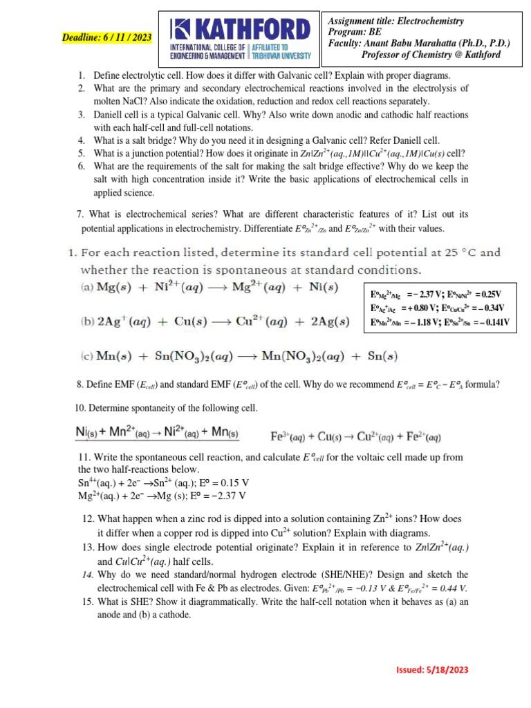 Electrochemistry Assignment Pdf Electrochemistry Ph 8282