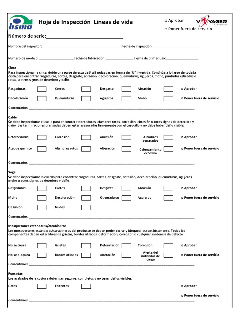 Check List de Inspeccion de Linea de Vida | PDF
