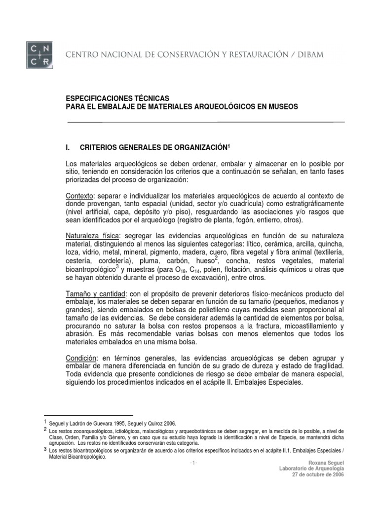 ESPECIFICACIONES TÉCNICAS PARA EL EMBALAJE DE MATERIALES ARQUEOLÓGICOS EN MUSEOS CNCR ...