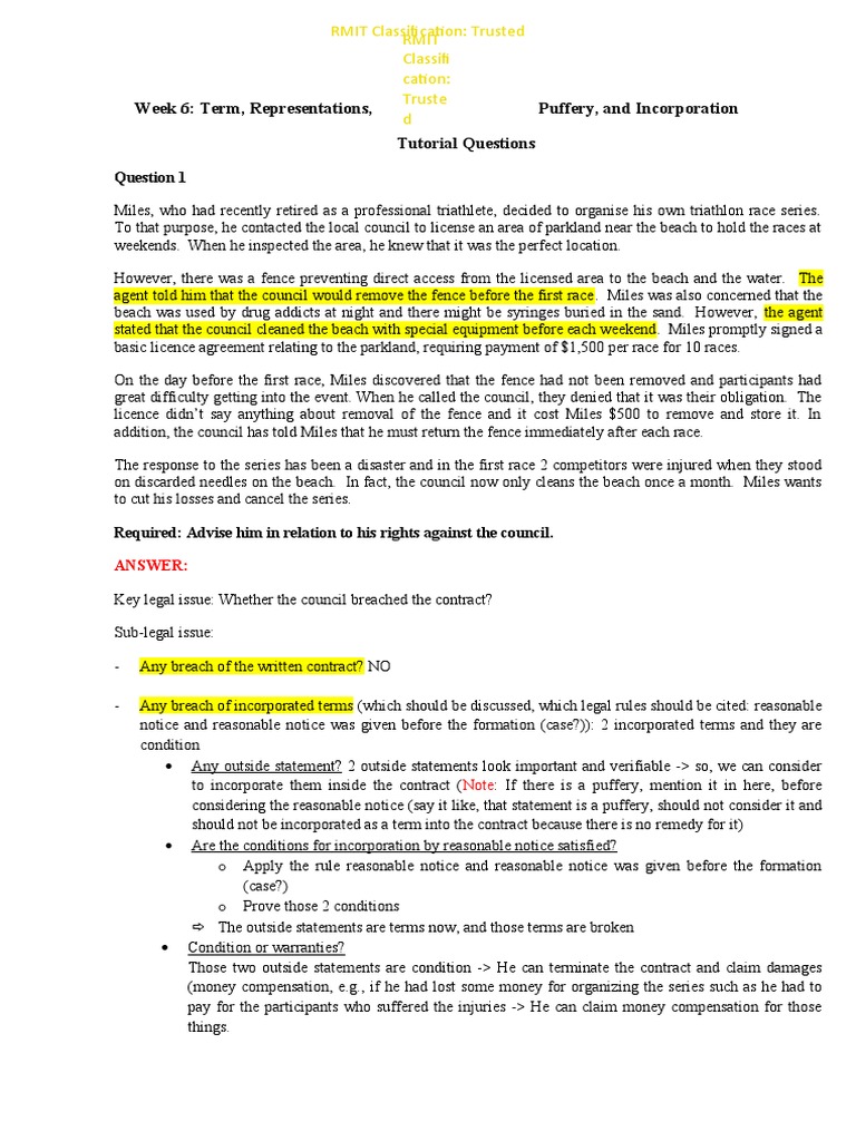 Week 6 Tutorial Questions | PDF | Breach Of Contract | Private Law