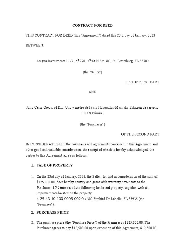 Contract for Deed: Property Sale Agreement | PDF | Payments | Conveyancing