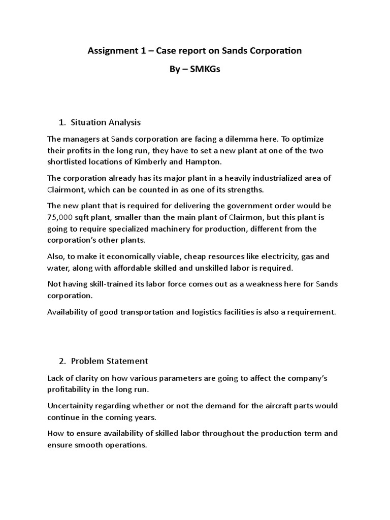 Assignment 1 - Case Report On Sands Corporation by - SMKGS: 1 ...