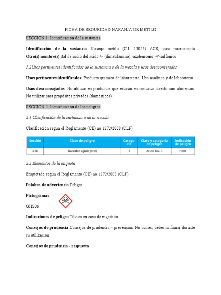 Ficha de Seguridad Naranja de Metilo | PDF | Agua | Dióxido de carbono