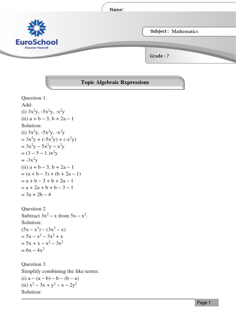 Answer Sheet Grade 7 Algebraic Expressions | PDF
