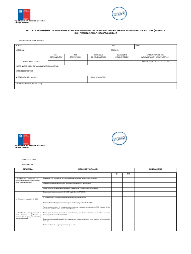 Pauta de Monitoreo y Seguimiento Pie 2018 | PDF | Maestros | Evaluación