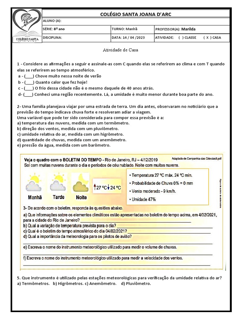 Atividade de Ciências - 8º Ano - Previsão | PDF | Clima | Atmosfera
