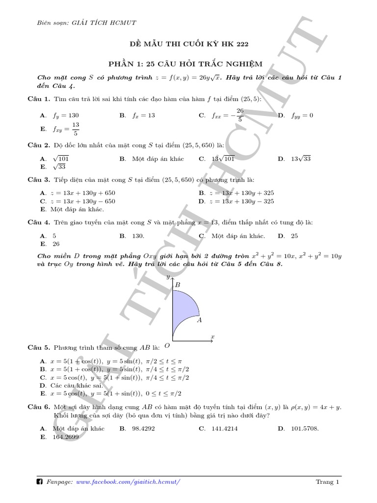Đề mẫu CK 222 - GIẢI TÍCH HCMUT | PDF