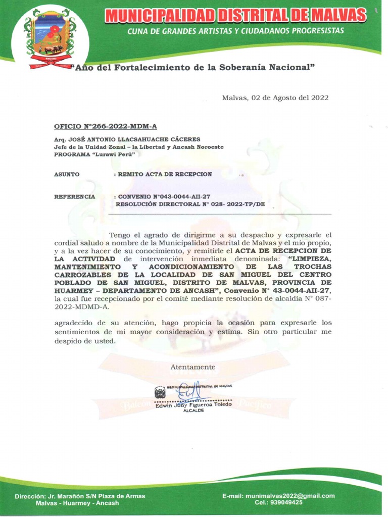 Oficio 266 Acta Recepcion | PDF