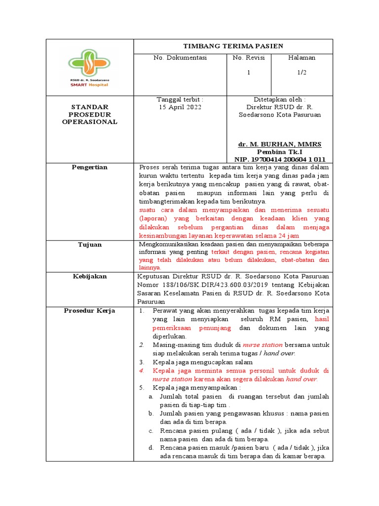 Spo Handover Pasien Revisi 1 | PDF