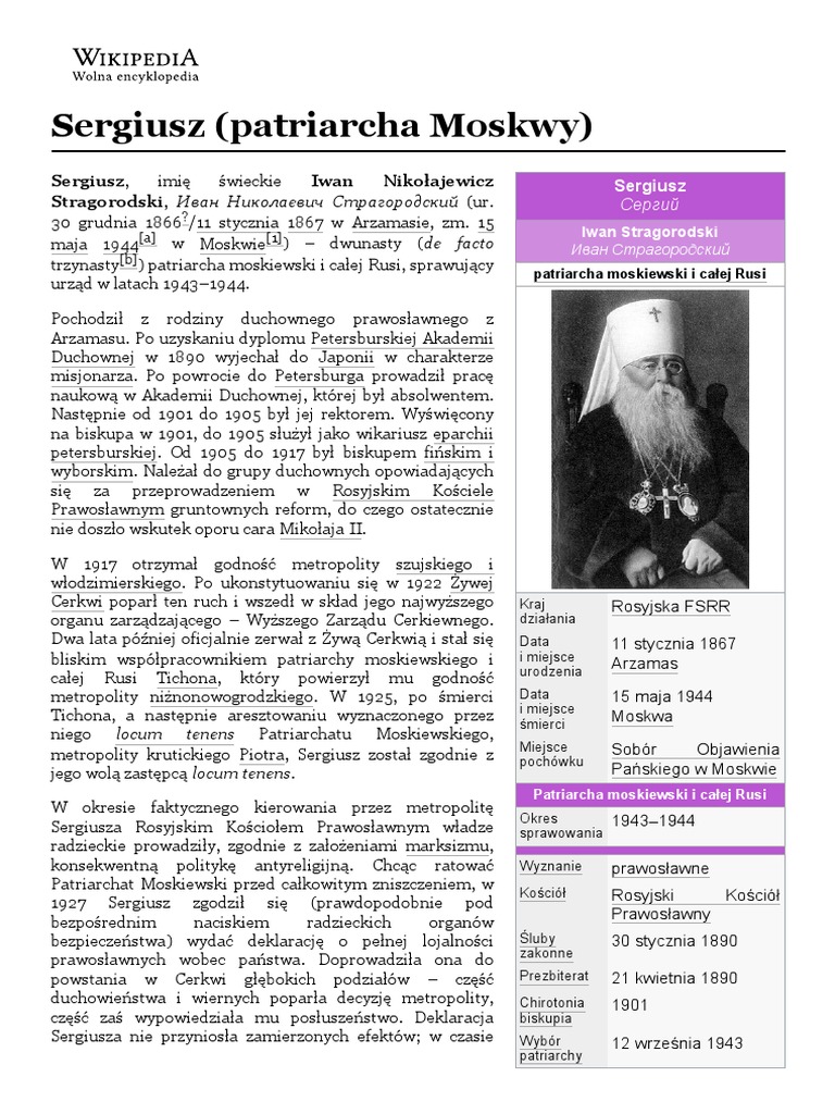 Sergiusz (Patriarcha Moskwy) - Wikipedia, Wolna Encyklopedia | PDF