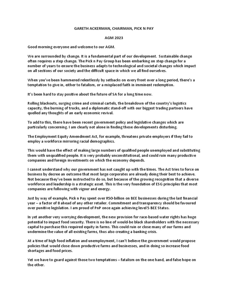 Chairman's Address at AGM 2023 | PDF | Inflation | Sales