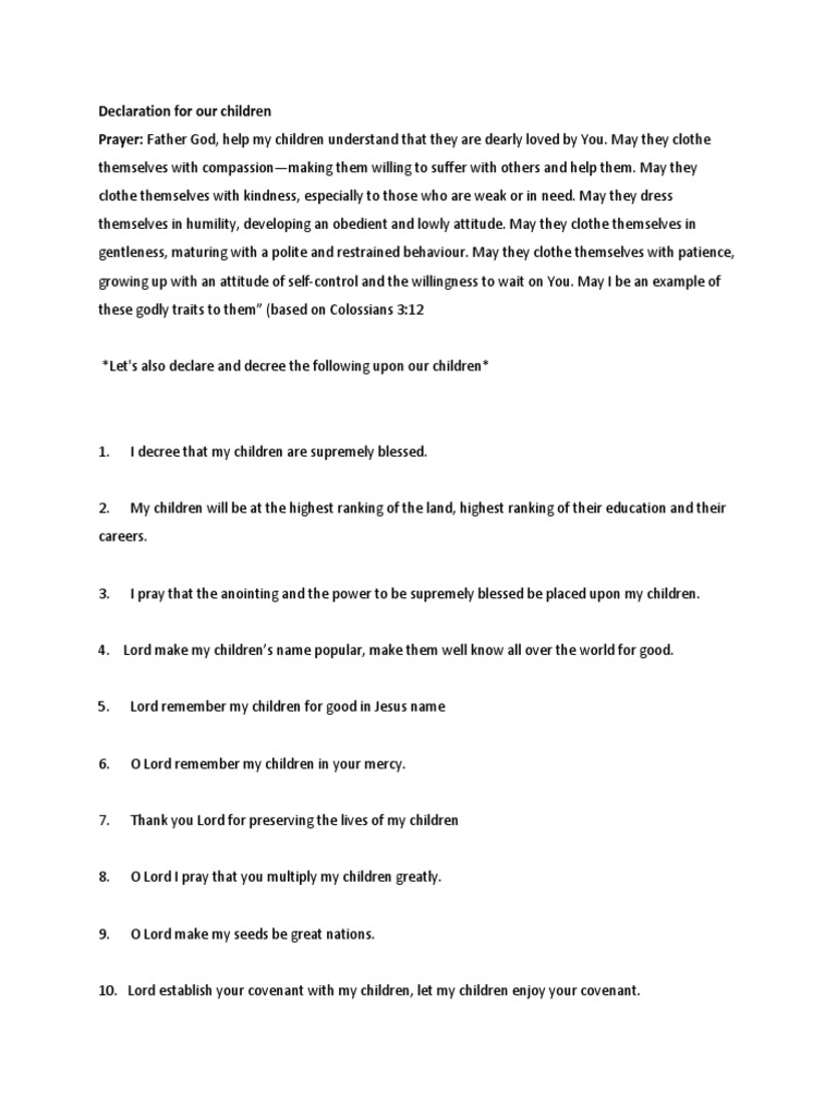 Declarations For Our Children | PDF | Prayer