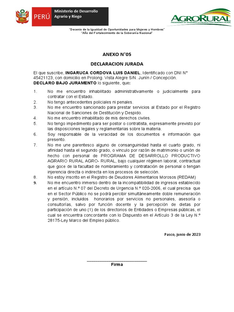 Declaracion Jurada Anexo 05 | PDF