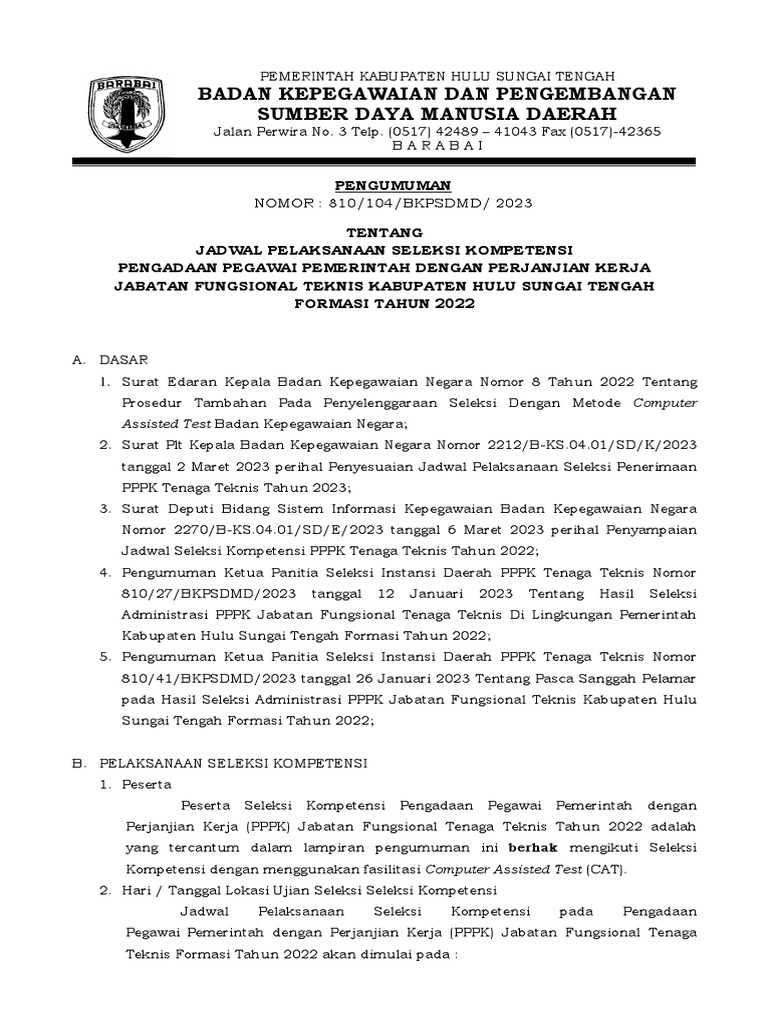 Pengumuman Seleksi Kompetensi PPPK JF Teknis HST 2022 | PDF