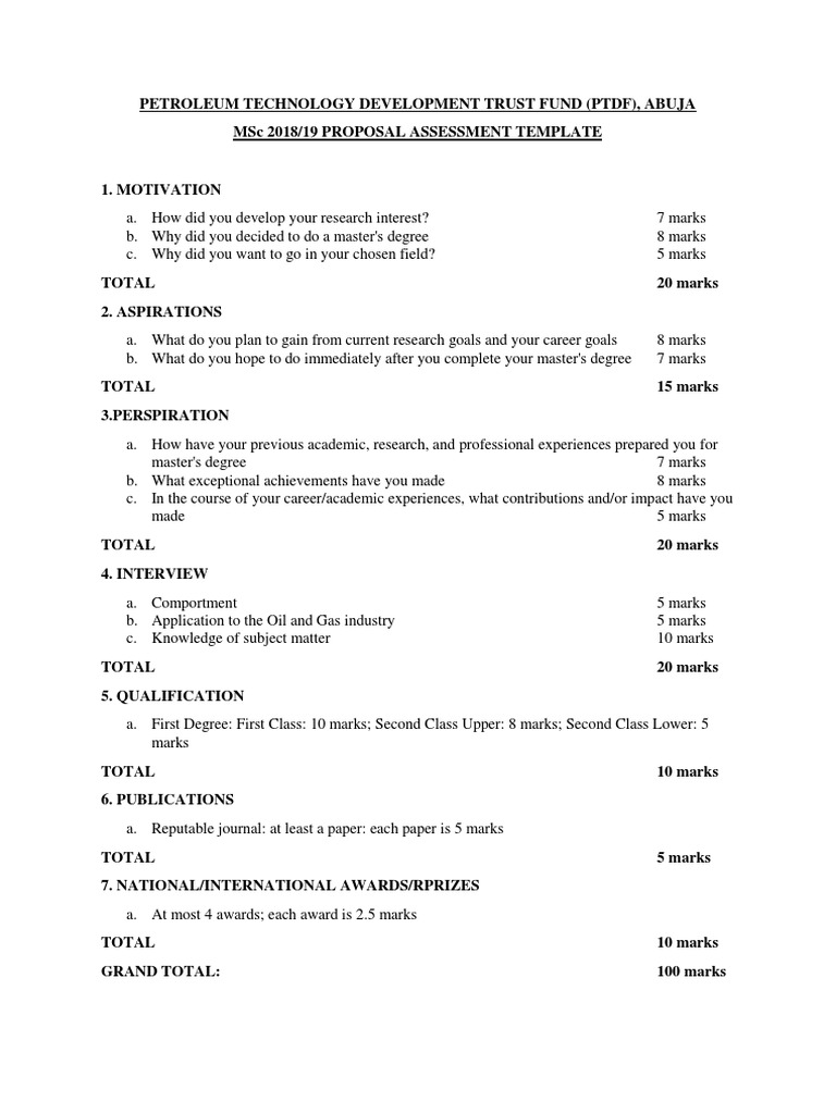 PTDF MSc Proposal Assessment Guide | PDF