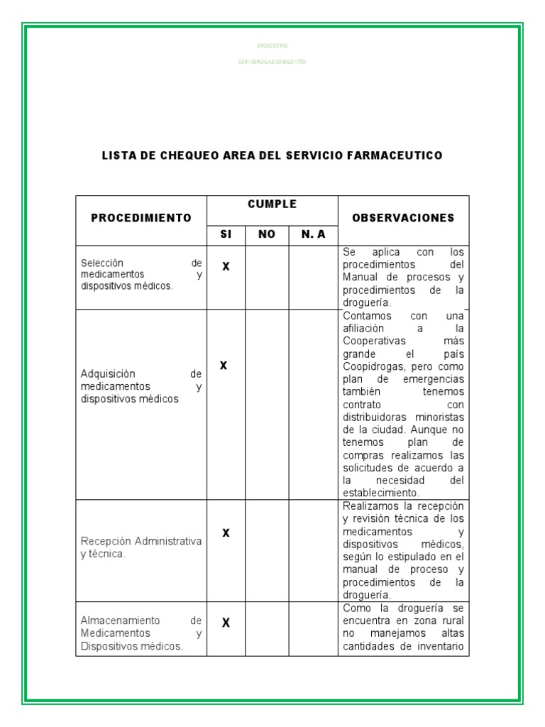 Lista de Chequeo Area Del Servicio Farmaceutico | PDF | Medicamentos con receta | Farmacéutico