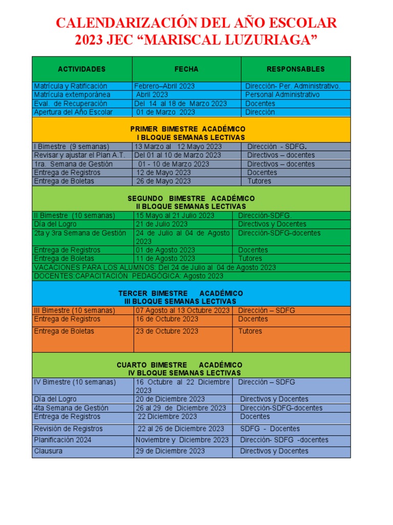 Calendarización Del Año Escolar 2023 Jec | PDF | Academia