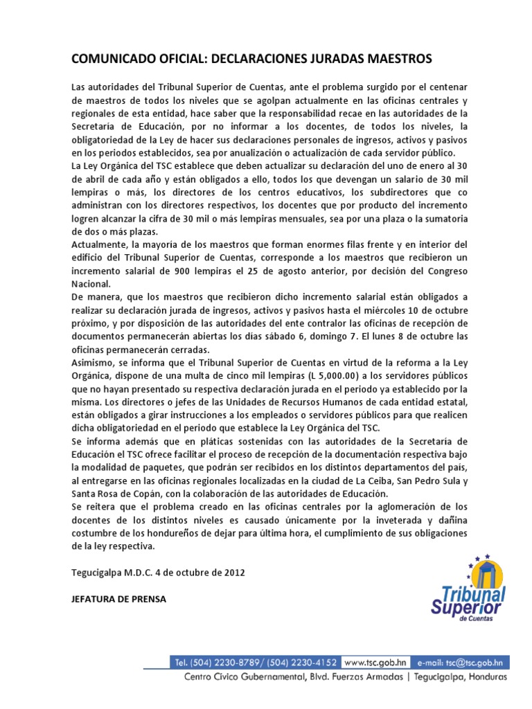 Comunicado Declaracion Jurada Maestros | PDF | Salario | Gobierno