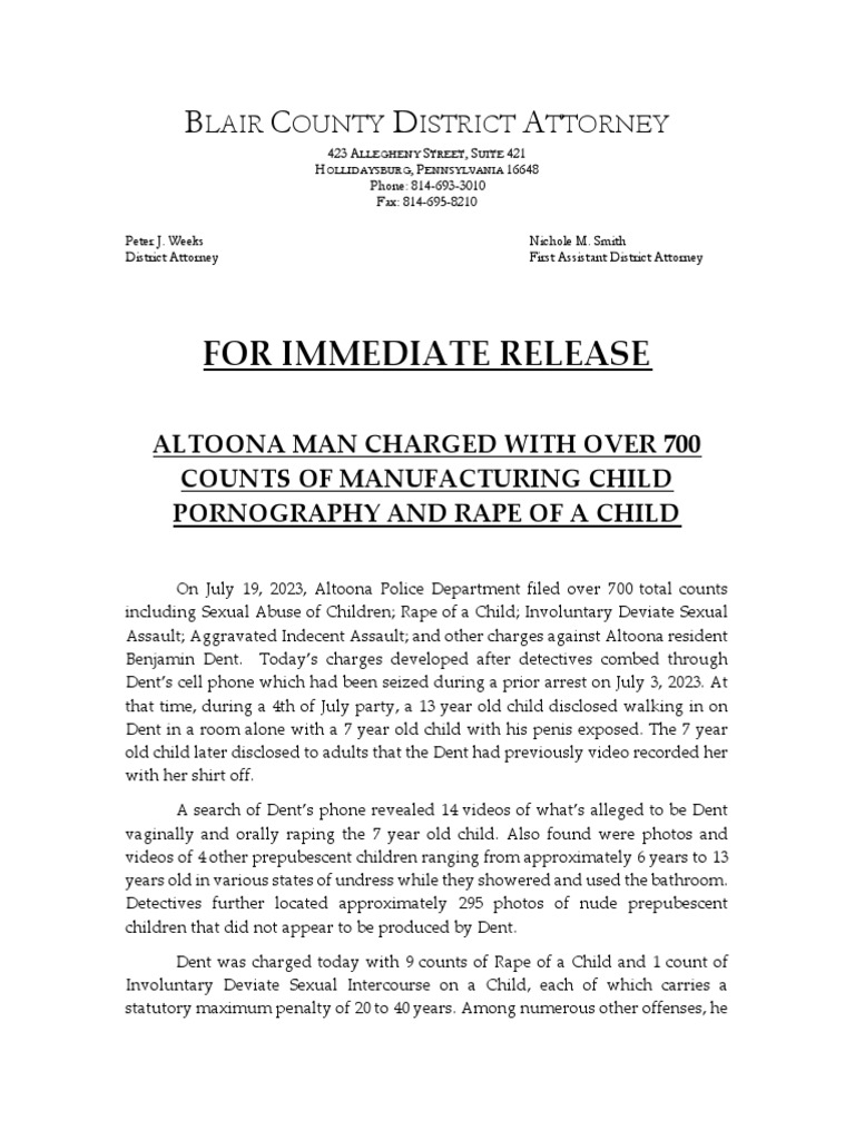 Benjamin Dent Arrest Press Release | PDF | Rape | Child Pornography