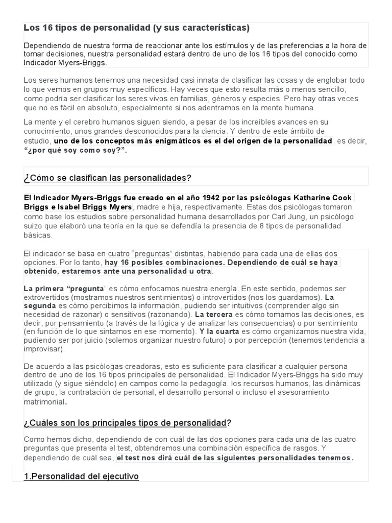 Los 16 Tipos de Personalidad | PDF | Pensamiento | Ciencias del ...