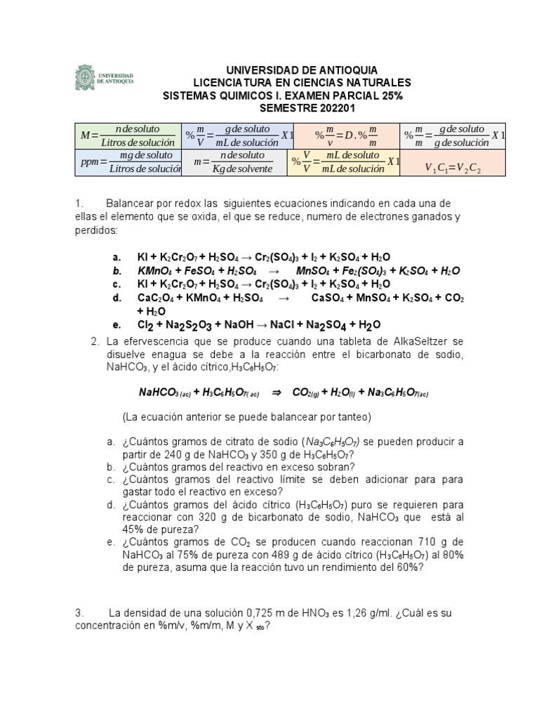 Taller Parcial 2 2023 1 Oriente | PDF | Concentración | Redox