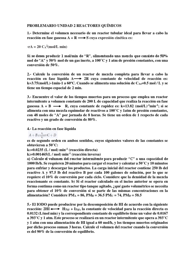 Problemario Unidad 2 Reactores Químicos | PDF | Reactor Quimico | Cinética química