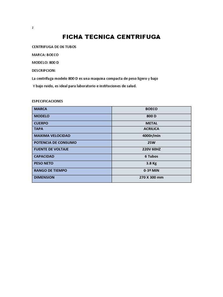Ficha Tecnica de Centrifuga | PDF