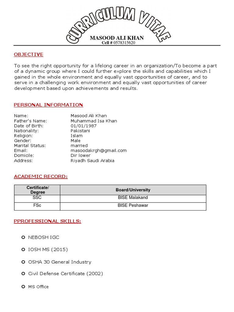 Masood Ali Khan CV | PDF | Occupational Safety And Health | Safety