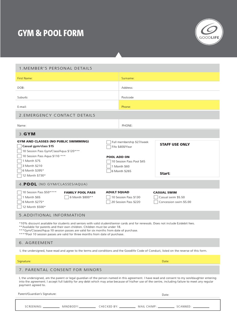 Gym & Pool Form | Download Free PDF | Business | Payments