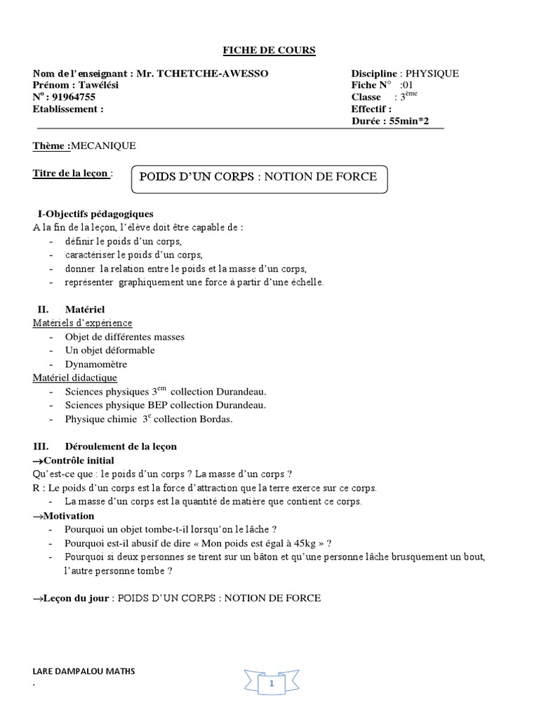 Cours Entier Phys 3ème | PDF | Poids | Masse