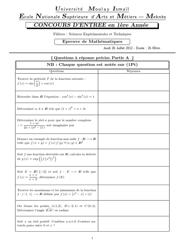 Ensam Maths SVT 2012 | PDF | Analyse mathématique | Objets mathématiques