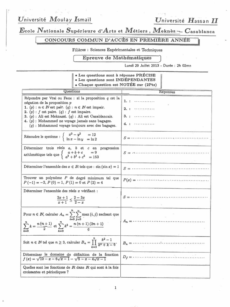 Concours Maths 2013: Questions & Solutions | PDF | Objets mathématiques | Concepts mathématiques