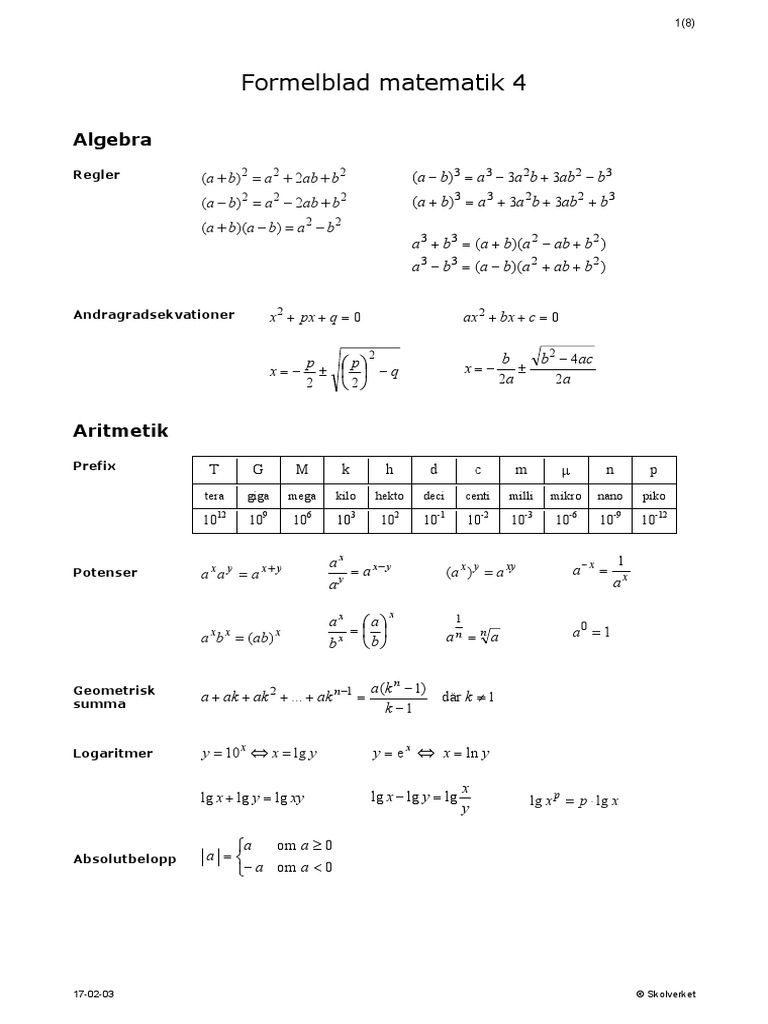 Formelblad Matematik 4 | PDF